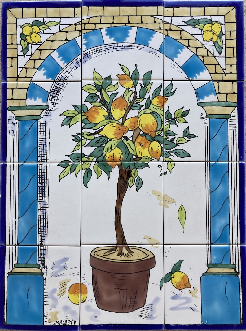 Hand Painted Tile Mural, Lemon Tree, Kitchen Backsplash, Mediterranean ...