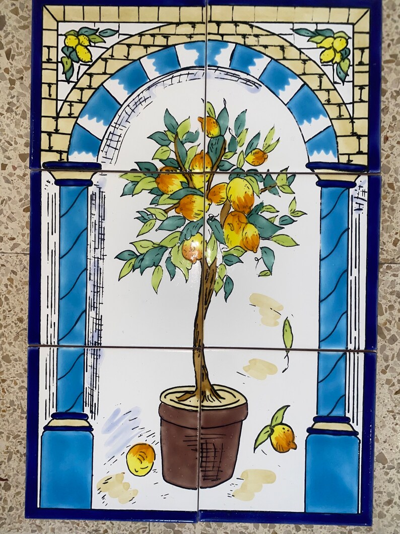 Hand Painted Tile Mural, Lemon Tree, Kitchen Backsplash, Mediterranean ...