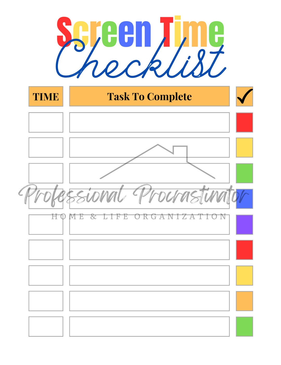 Editable Screen Time Checklist Kids Daily Checklist Hourly Chart ...