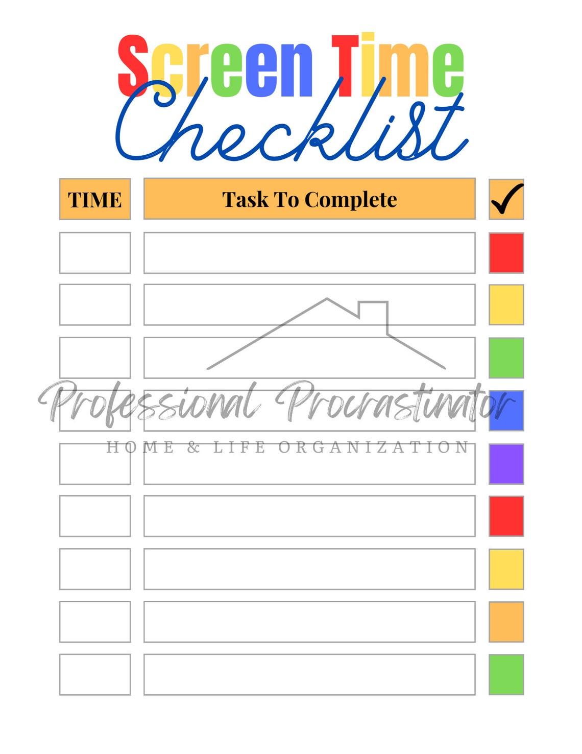 Editable Screen Time Checklist Kids Daily Checklist Hourly Chart ...
