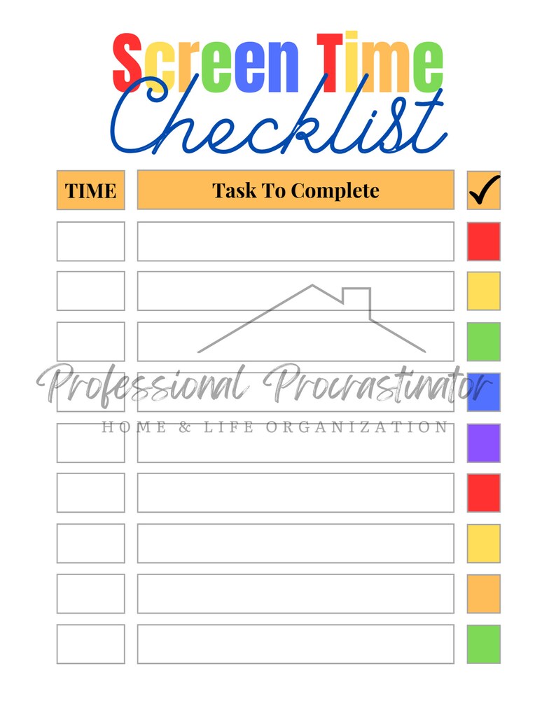 Editable Screen Time Checklist Kids Daily Checklist Hourly Chart ...