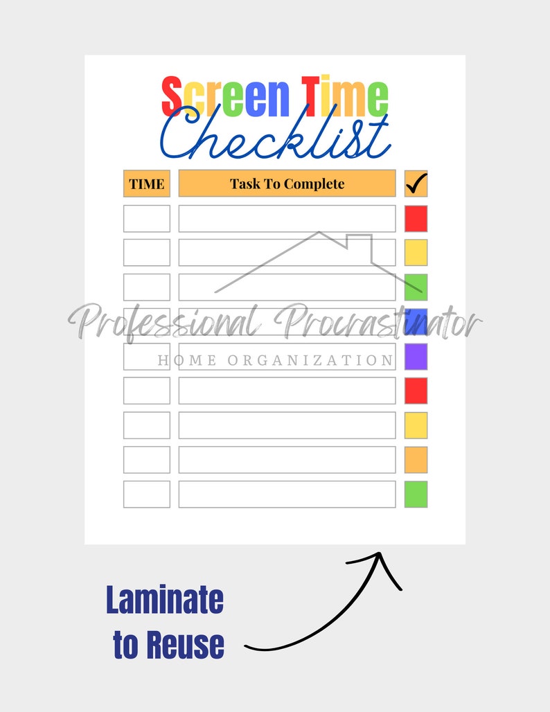 Editable Screen Time Checklist Kids Daily Checklist Hourly Chart ...