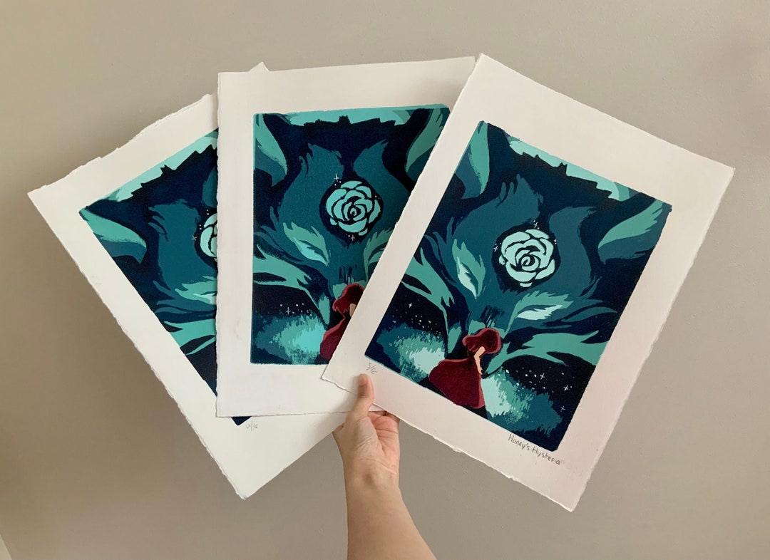 Silk Screen Art Print- Mythical Wolf With a Rose on Its Head Stares ...