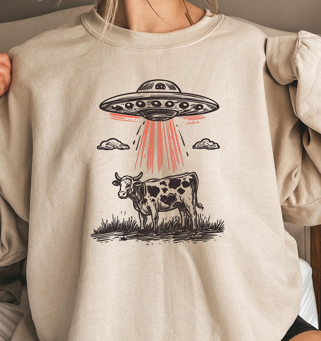 UFO Cow Abduction Sweatshirt, Funny Alien Space Crewneck Jumper ...