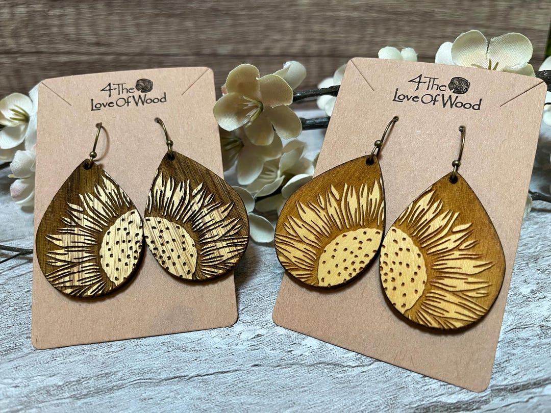 Natural Wood Sunflower Earrings – Laser-engraved Teardrop – Canary or ...