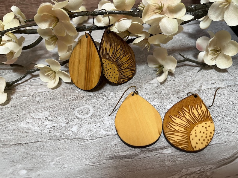 Natural Wood Sunflower Earrings – Laser-engraved Teardrop – Canary or ...