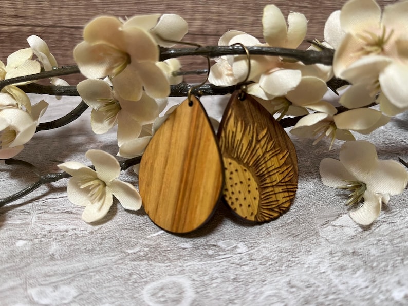 Natural Wood Sunflower Earrings – Laser-engraved Teardrop – Canary or ...