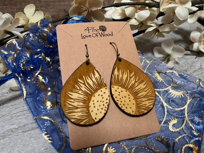 Natural Wood Sunflower Earrings – Laser-engraved Teardrop – Canary or ...