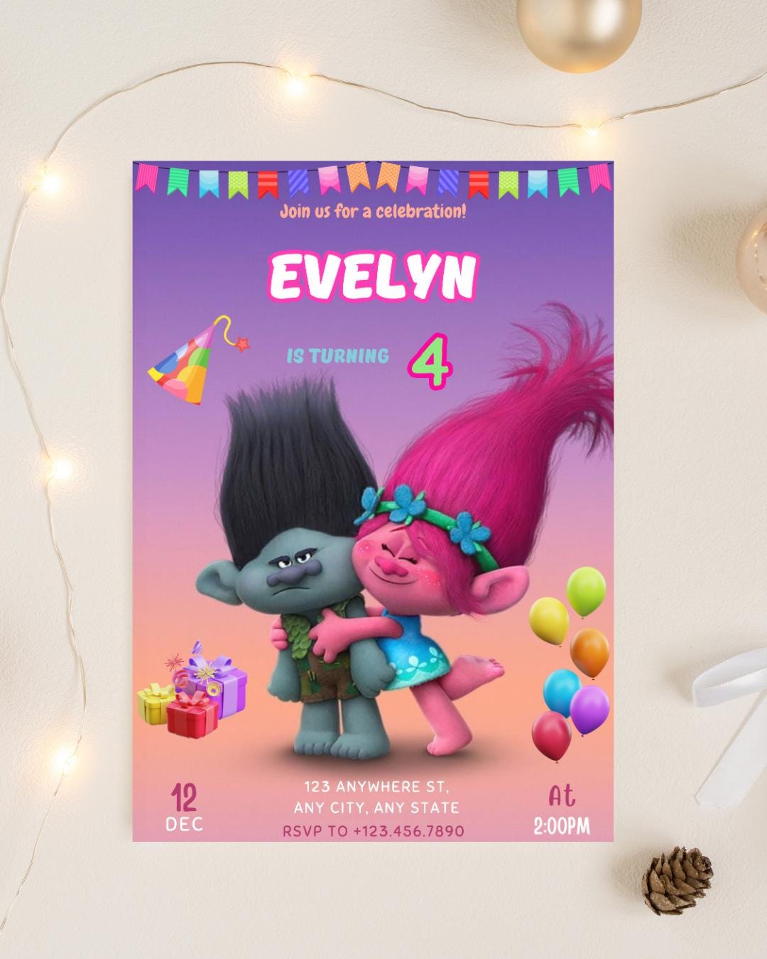 Editable Trolls Couple Invitation, Poppy and Branch Invite, Trolls ...