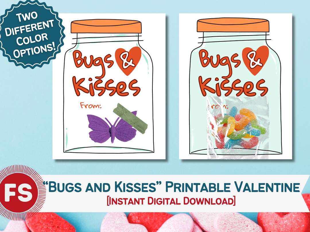 Printable Kids Valentines bugs and Kisses INSTANT DIGITAL DOWNLOAD - Etsy