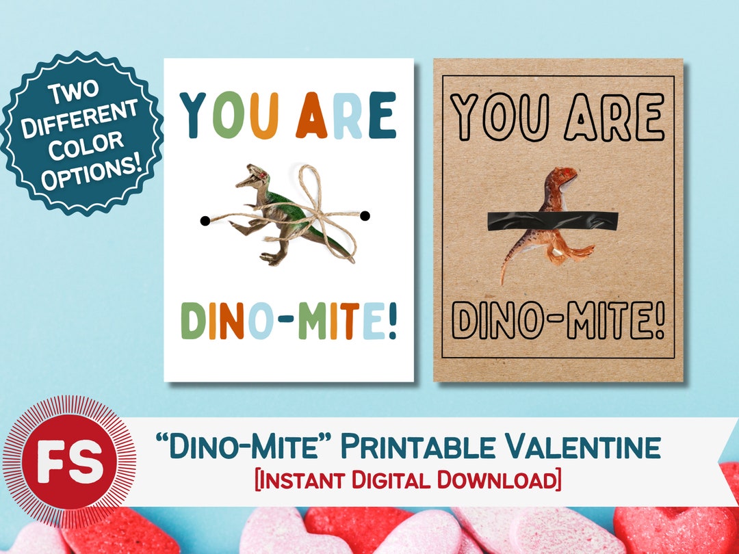 Printable Kids Valentines Non-candy dino-mite INSTANT DIGITAL DOWNLOAD ...