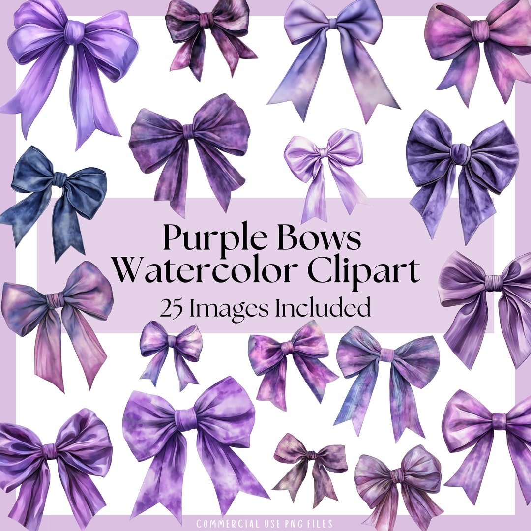 Purple Bows Watercolor Clipart Bundle PNG Sublimation Designs, Coquette ...