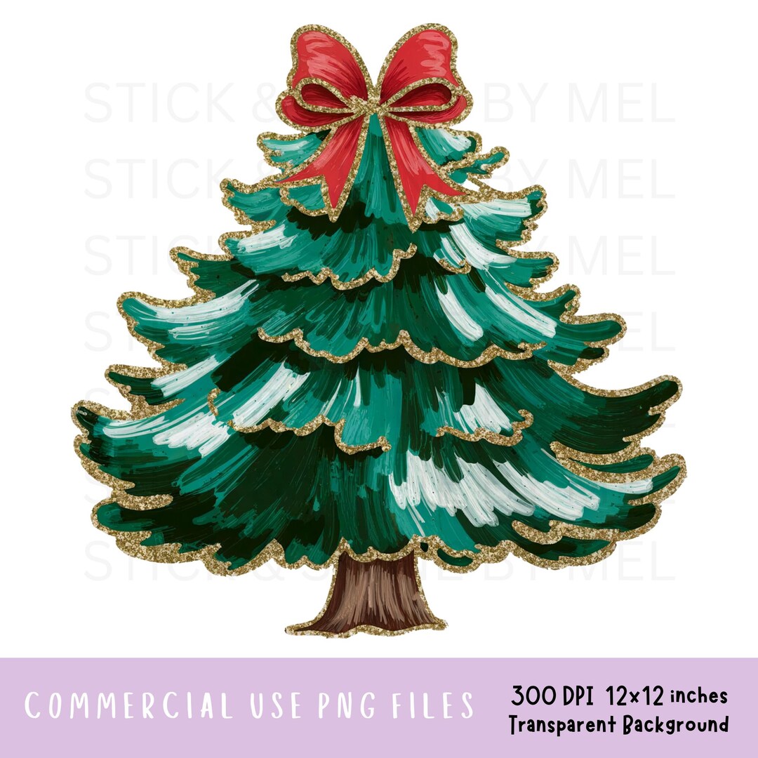 Brushstroke Christmas Tree With Coquette Red Bow PNG File, Messy Paint ...