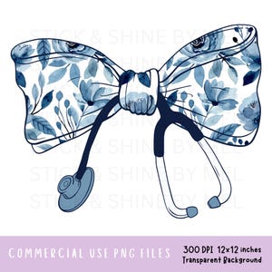 Coquette Blue Floral Toile Stethoscope Bow PNG File, Preppy Nurse ...