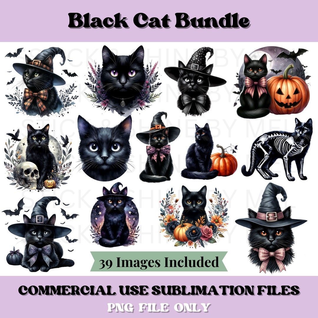 Halloween Black Cat Sublimation PNG Bundle, Watercolor Style Spooky ...
