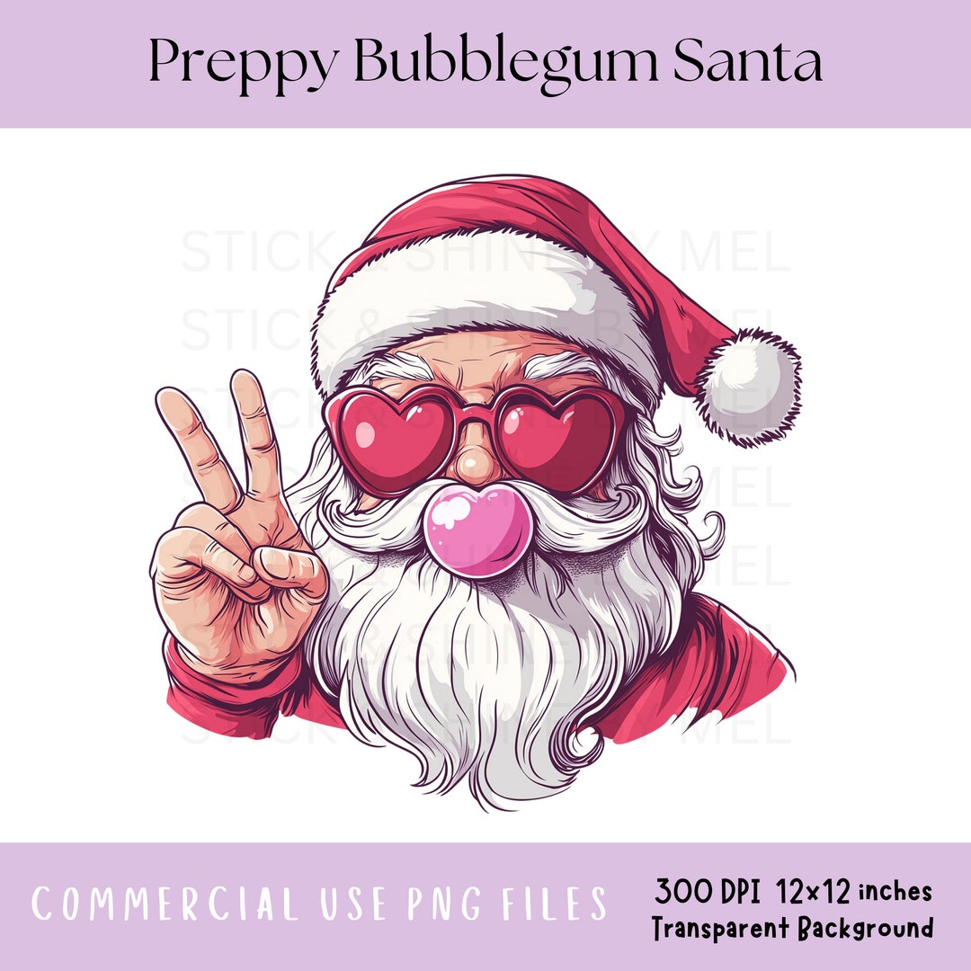 Preppy Bubblegum Santa PNG File, Festive Heart Sunglasses Christmas ...