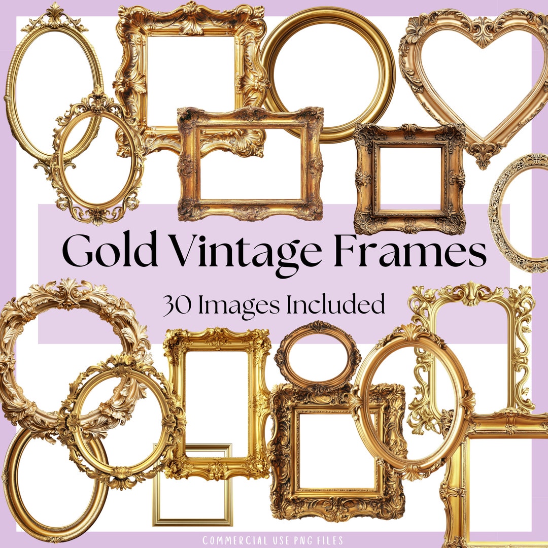 Vintage Gold Frames Clipart PNG File Bundle, Set of Antique Style Gold ...