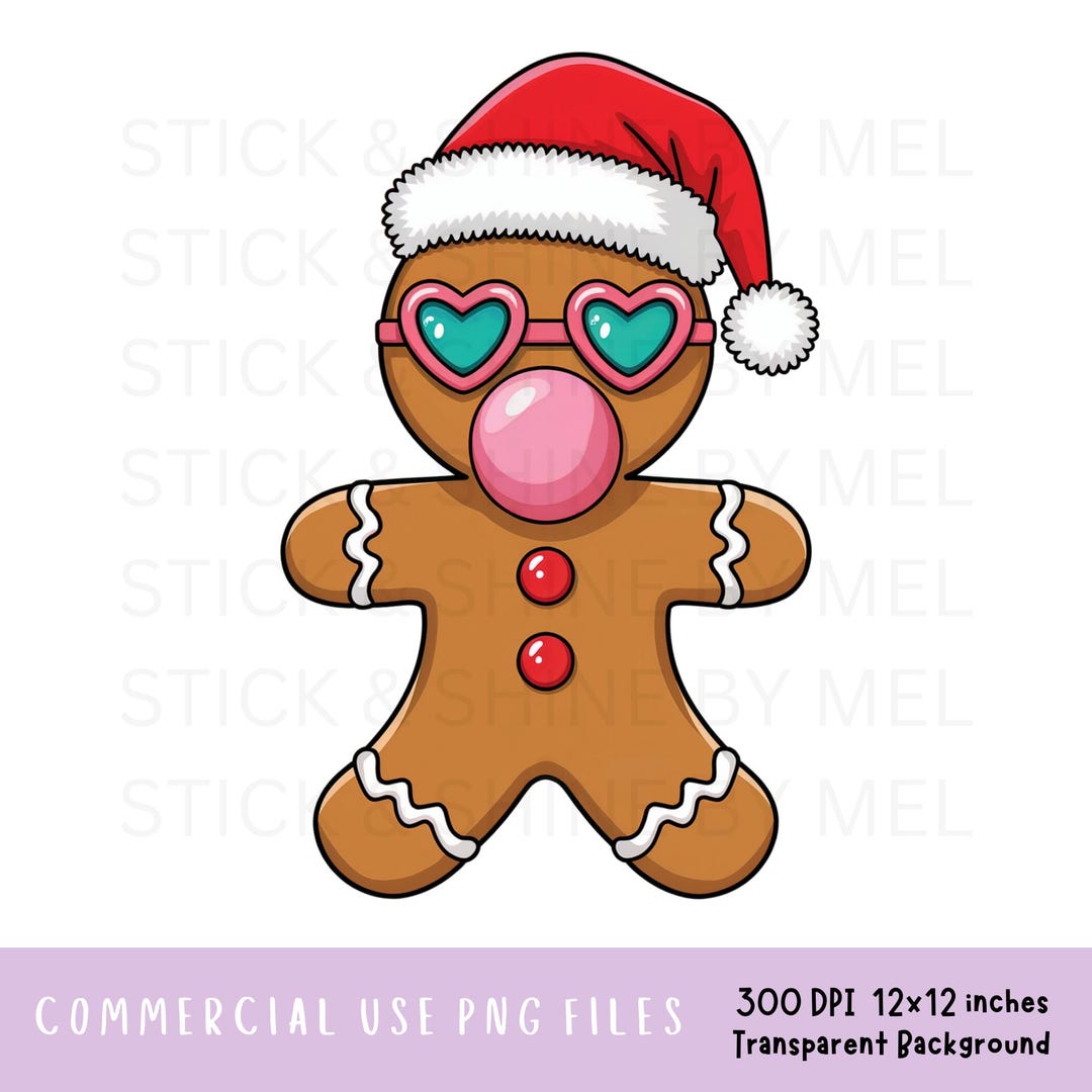 Preppy Cartoon Gingerbread Man With Heart Glasses & Blowing Gum PNG ...
