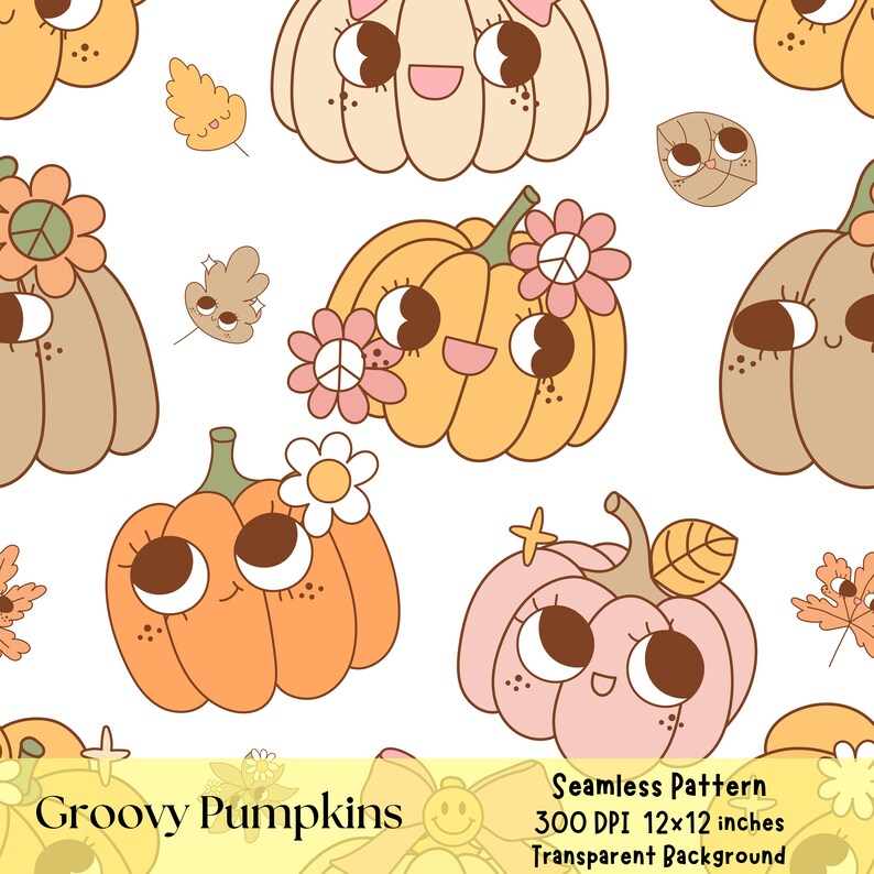 Groovy Pumpkins Seamless Pattern, Cute Retro Fall Decor Digital Paper ...