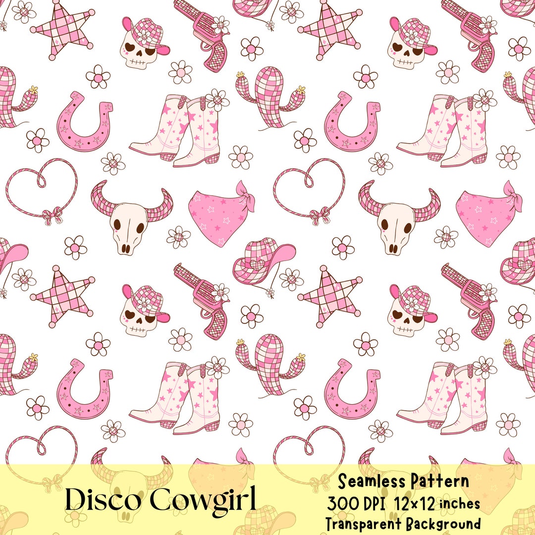 Disco Ball Cowgirl Pink Floral Seamless Pattern PNG, Retro Groovy ...