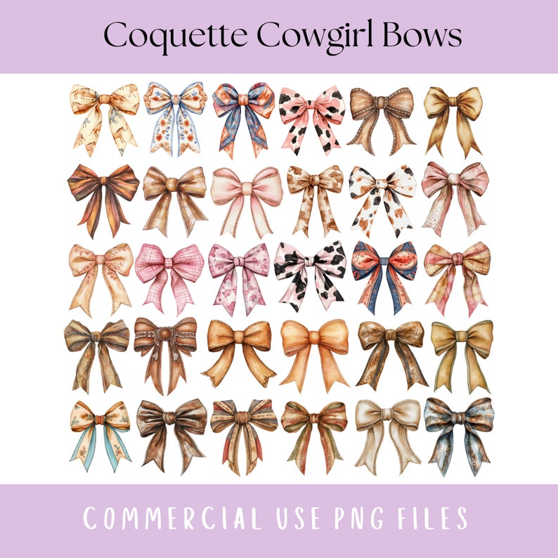 Coquette Cowgirl Bow PNG Bundle, Retro Western Cowboy Clipart Set, Cute ...