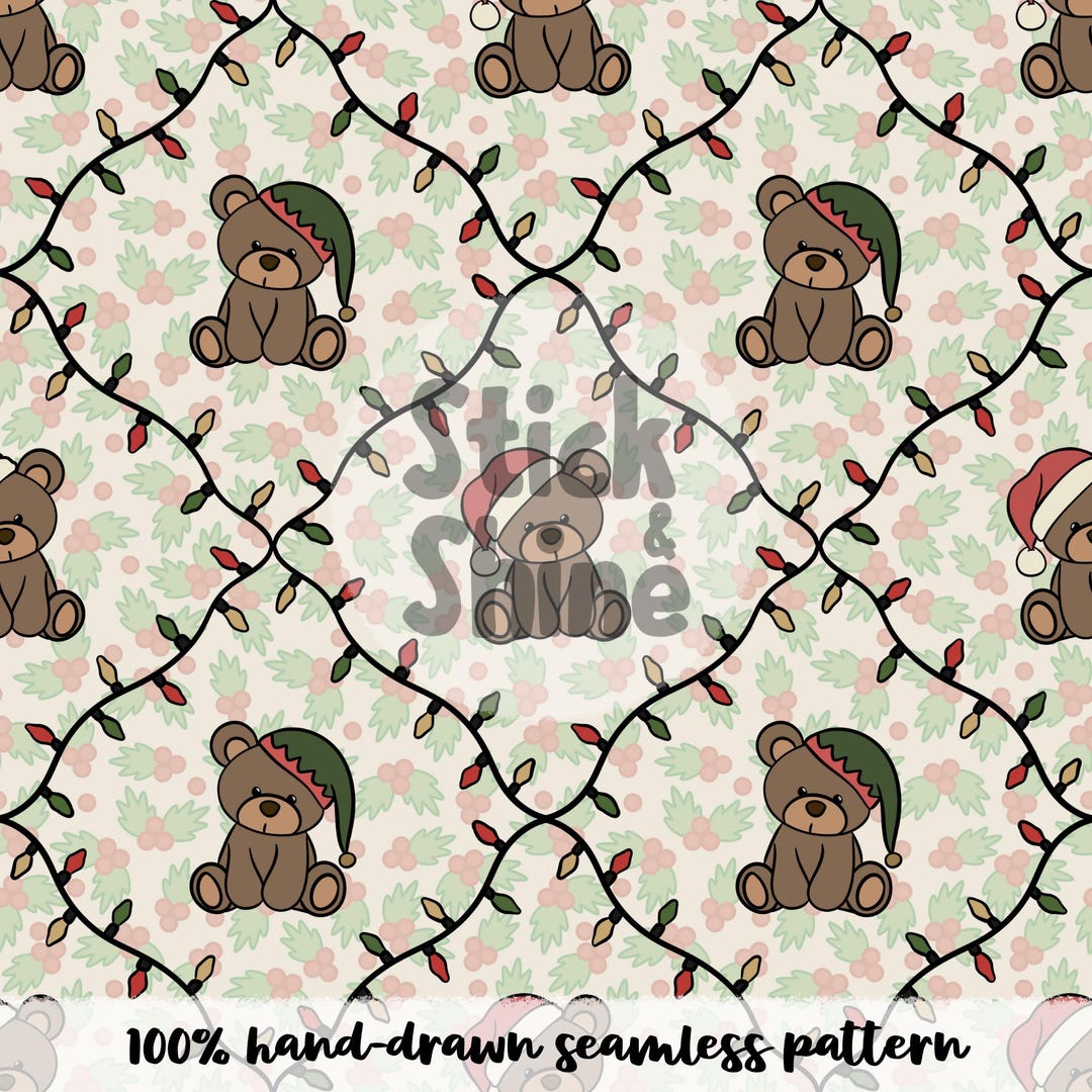 Hand-drawn Christmas Teddy Bears Seamless Pattern | Book Lover Holiday ...