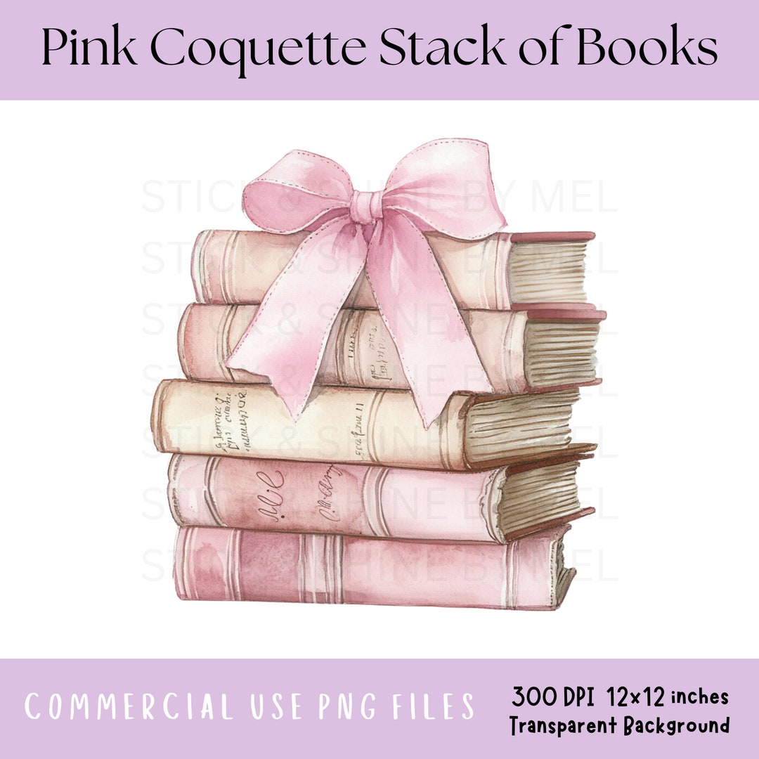 Coquette Pink Stack of Books PNG File, Cutesy Bow Book Lover Digital ...