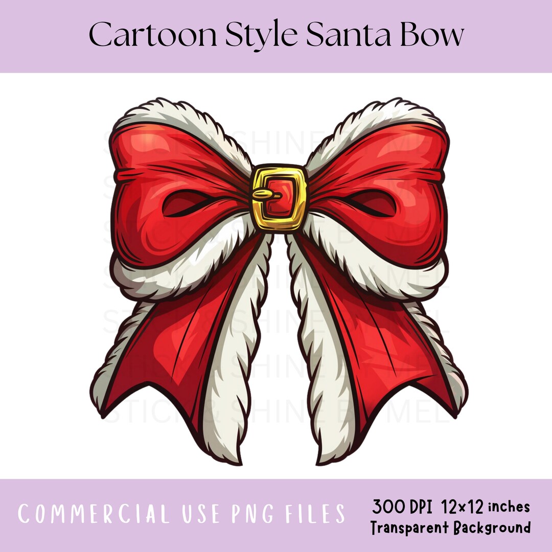 Cartoon Style Santa Bow PNG File, Coquette Christmas Ribbon Digital ...