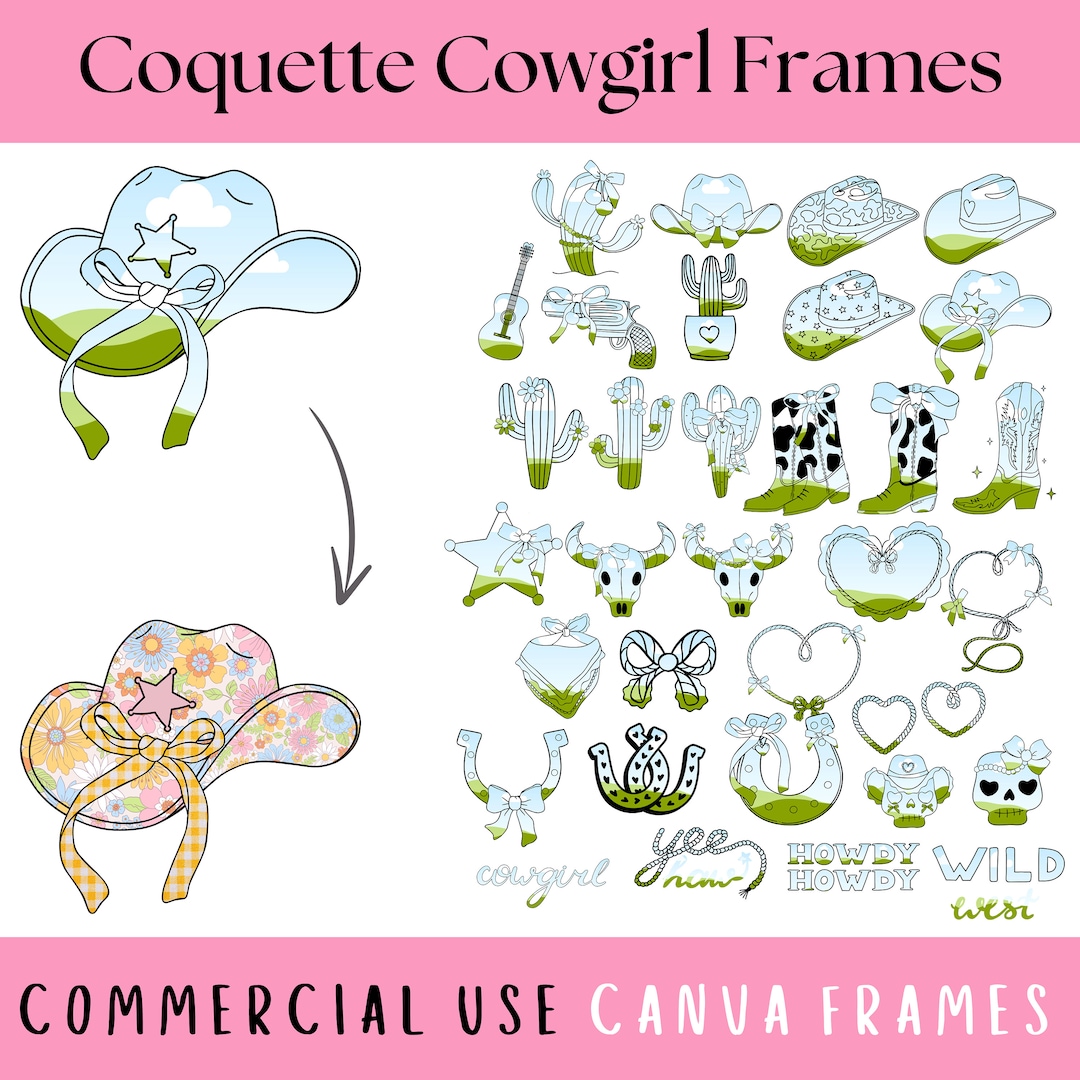 Coquette Cowgirl Editable Canva Frames, Create Your Own PNG, Cowboy Hat ...