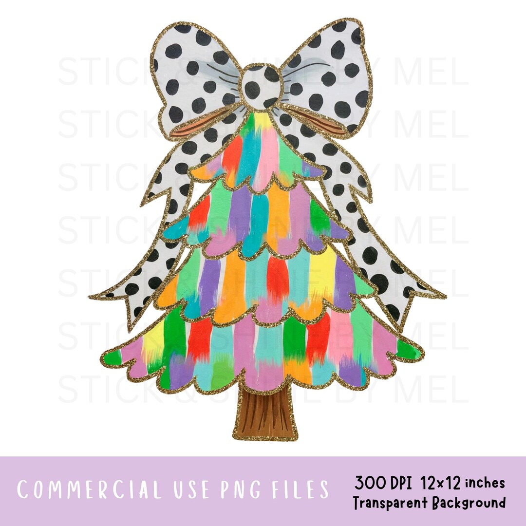Colorful Brushstroke Christmas Tree With Coquette Bow PNG File, Messy ...