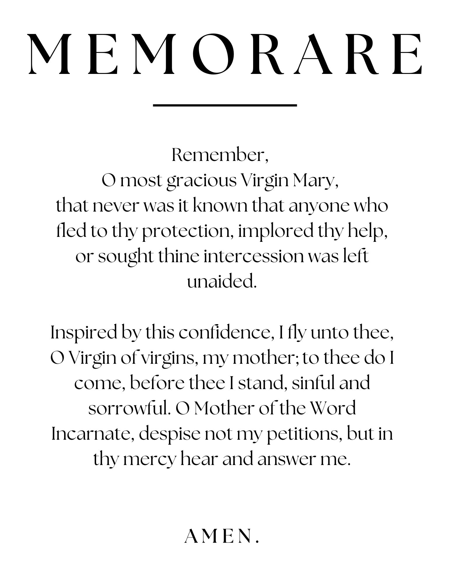 Memorare Prayer to the Blessed Mother Printable Wall Art Catholic Home ...