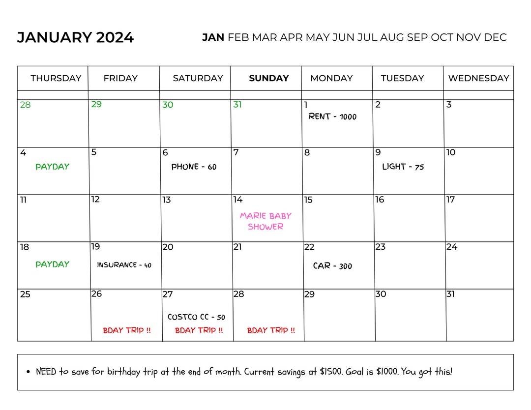 Printable Calendar 2024 Monthly Planner 2024 Landscape PAYDAY THURSDAY ...