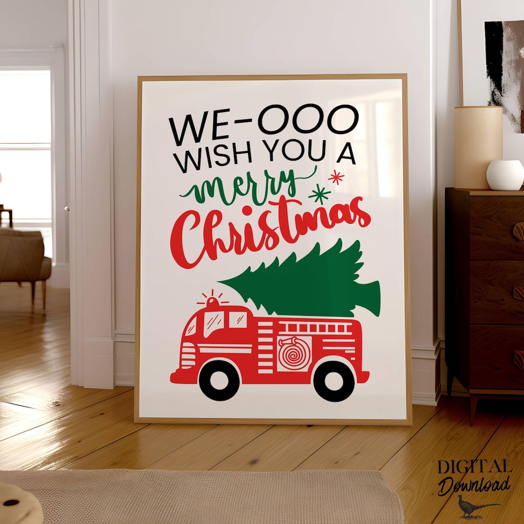 Fire Truck Christmas Print | Fire Engine Christmas Wall Art | Boy's ...