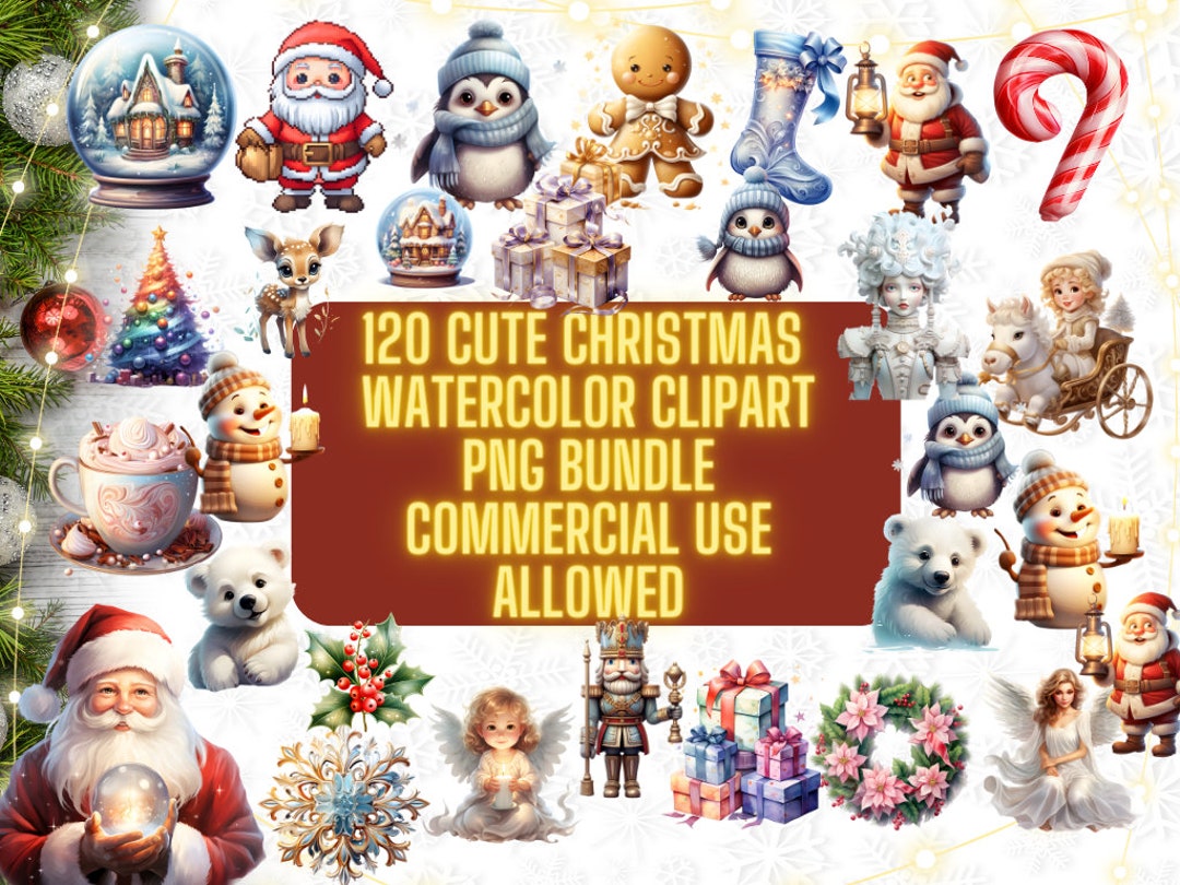 Watercolor Christmas Clipart Bundle, 120 PNG Designs (digital Download ...