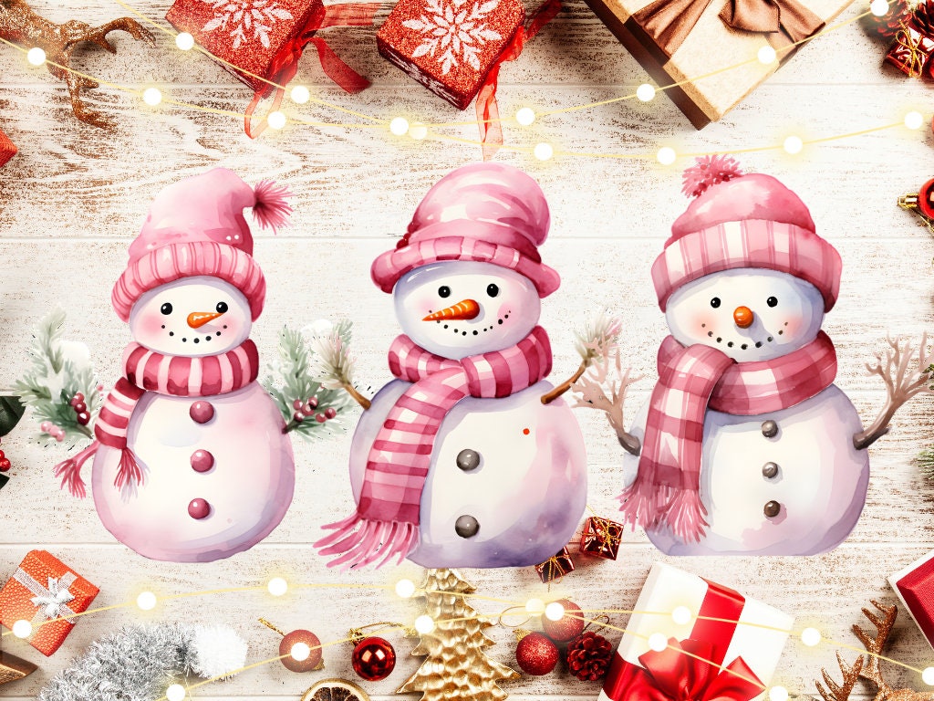 12 Cute Pink Snowman Clipartwatercolor Christmas Clipart - Etsy