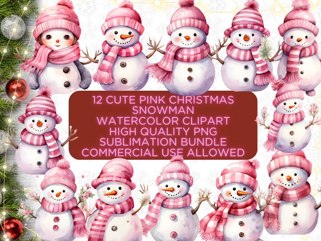 12 Cute Pink Snowman Clipart,watercolor Christmas Clipart Christmas ...