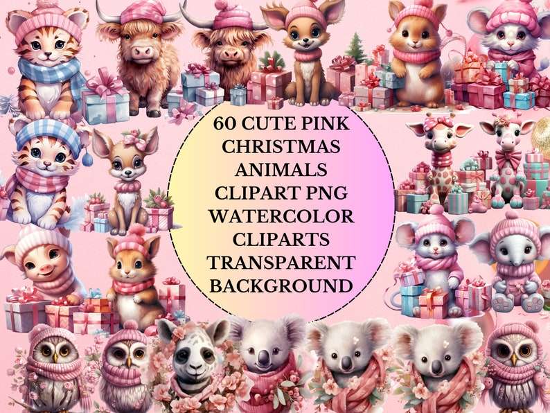 60 Pink Christmas Digital Clipart ,pink Christmas Clipart,pink Animals ...