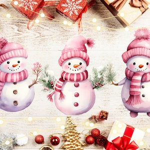 12 Cute Pink Snowman Clipart,watercolor Christmas Clipart Christmas ...