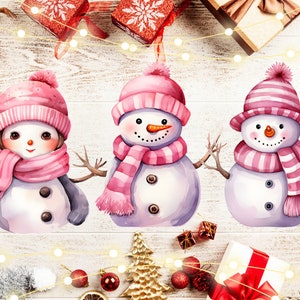 12 Cute Pink Snowman Clipart,watercolor Christmas Clipart Christmas ...