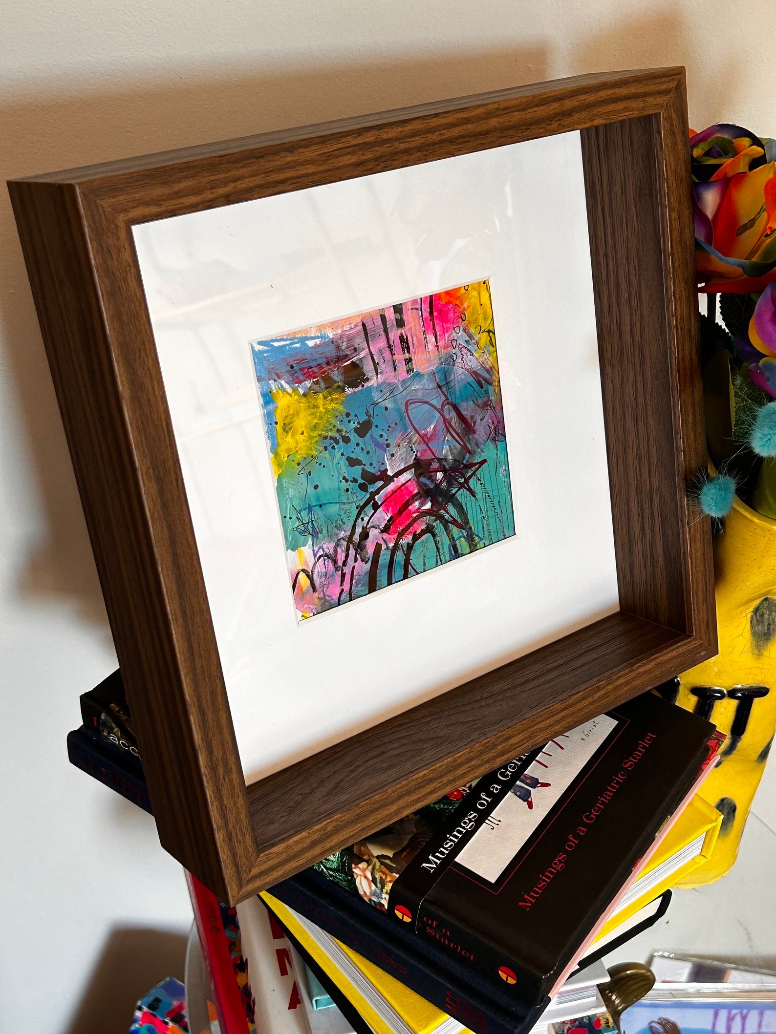 Original Colourful Abstract Artwork in 25x25 Box Frame. Acrylic, Ink ...