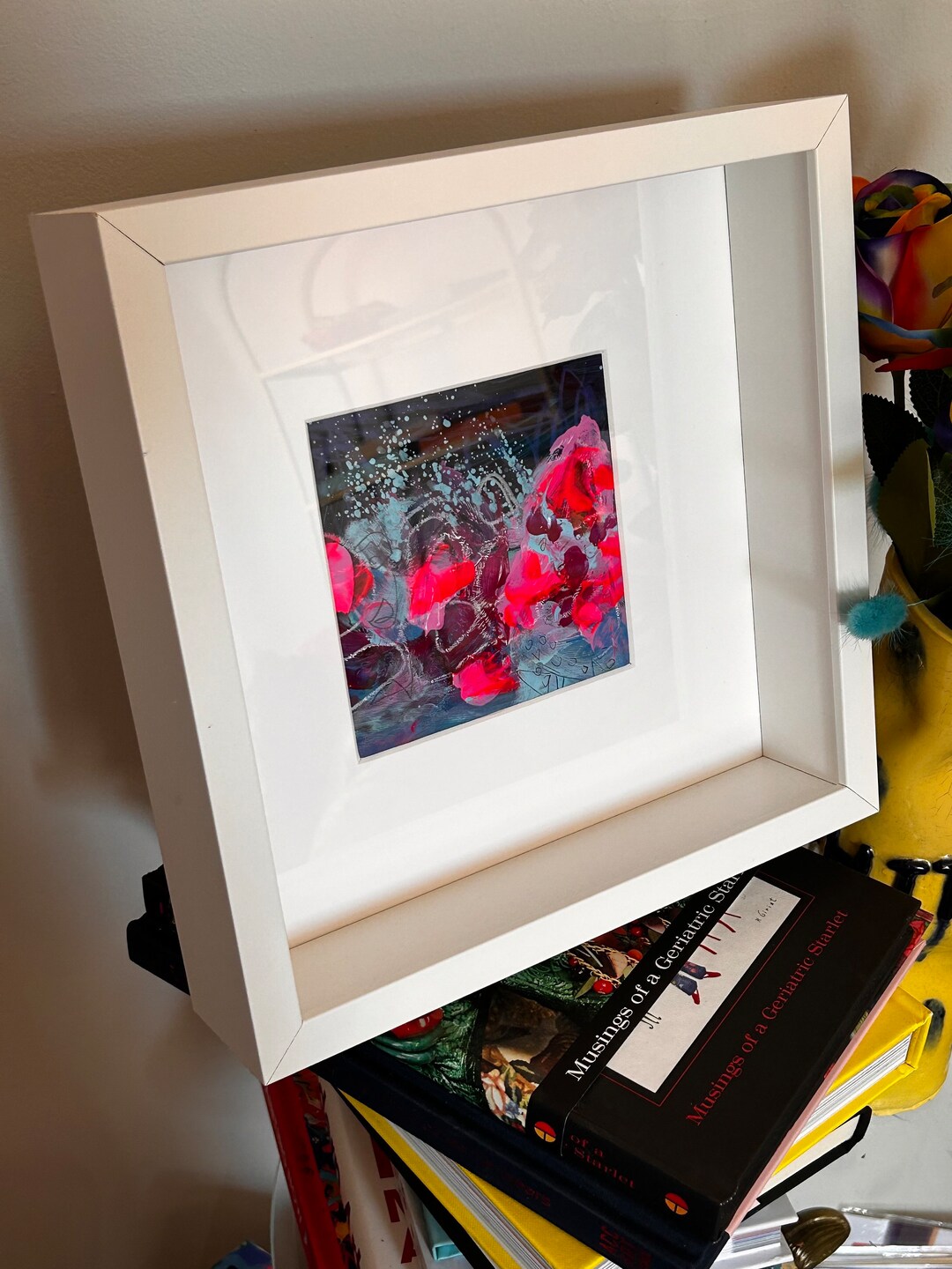 Original Colourful Abstract Artwork in 25x25 Box Frame. Acrylic, Ink ...