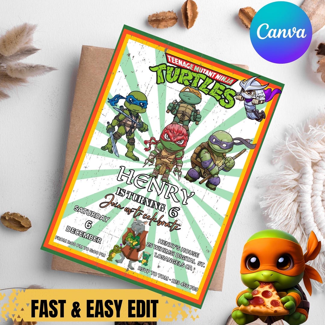 Editable Ninja Turtle Invitation, Retro Turtle Birthday Invitation ...