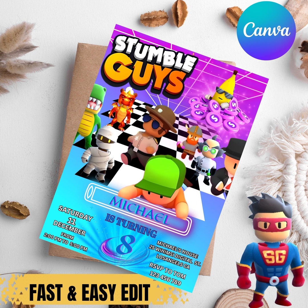 Editable Stumble Guys Party Invitation for Boys, Birthday Card for ...