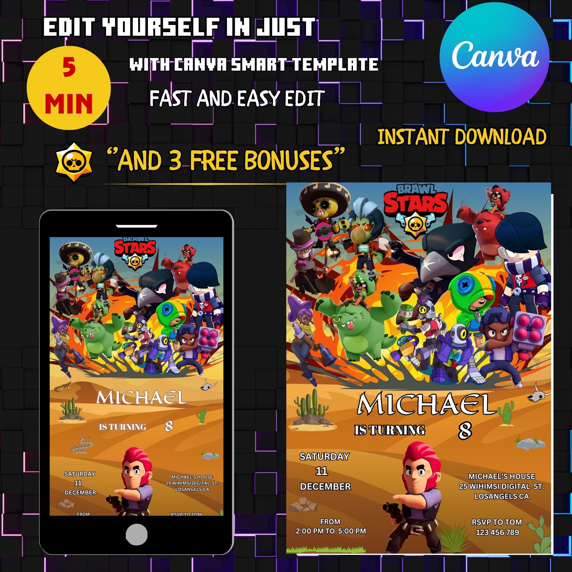 Editable Brawl Stars Birthday Invitation, Brawl Stars Invitation, Brawl ...