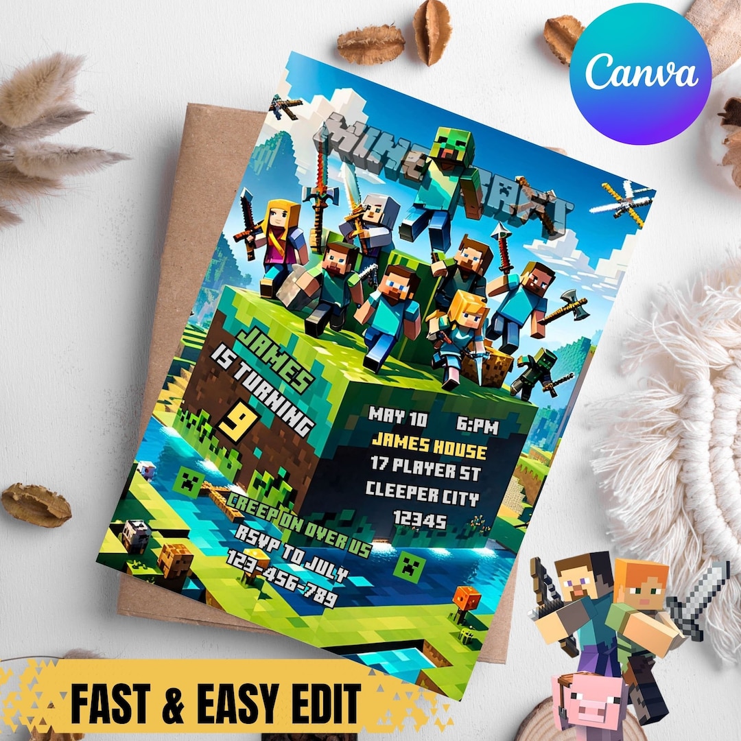 Editable Minecraft Birthday Invitation, Minecrafter Party, Minecrafter ...