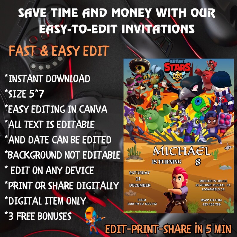 Editable Brawl Stars Birthday Invitation, Brawl Stars Invitation, Brawl ...