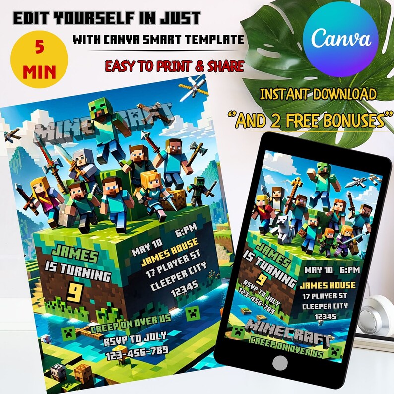 Editable Minecraft Birthday Invitation, Minecrafter Party, Minecrafter ...