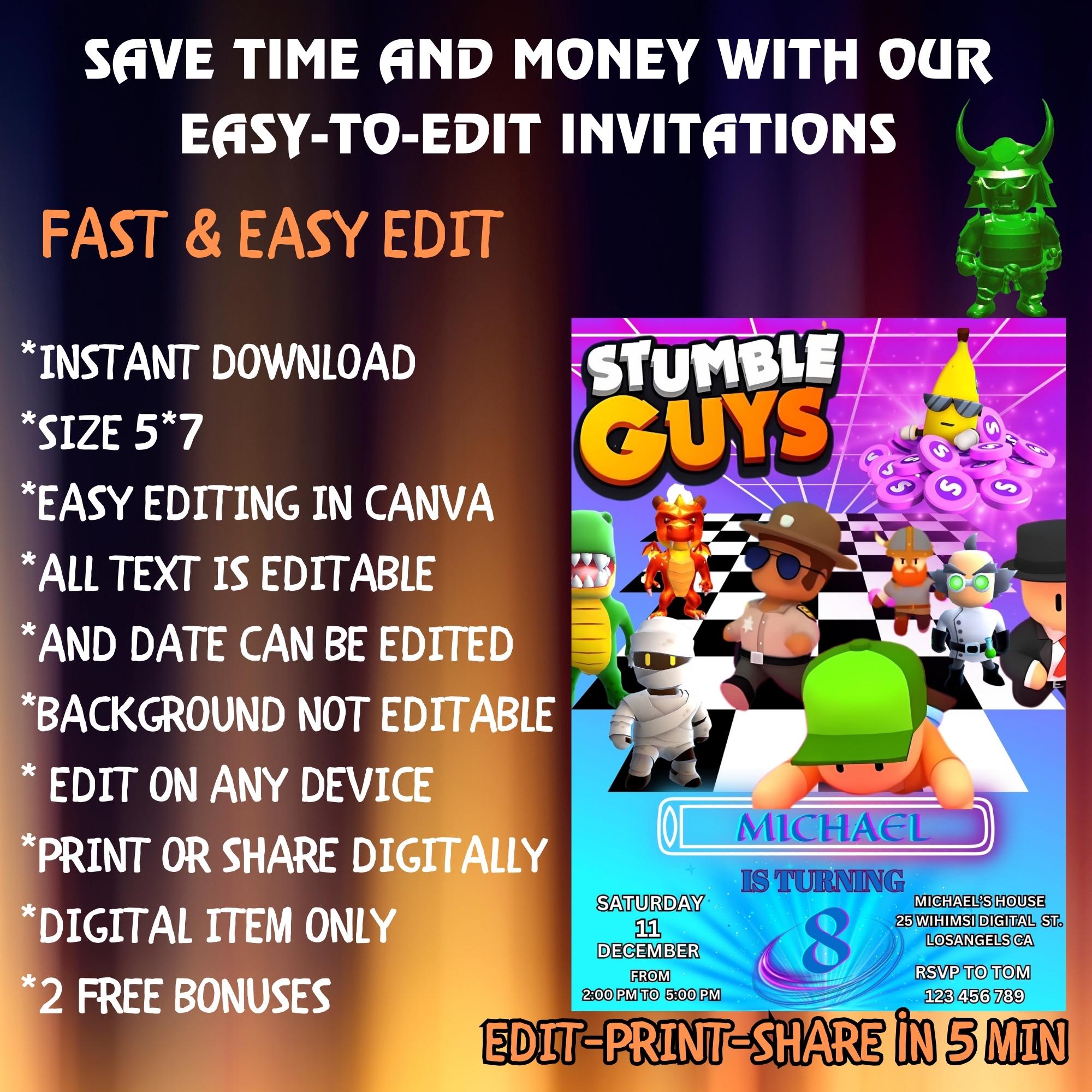 Editable Stumble Guys Party Invitation for Boys, Birthday Card for ...