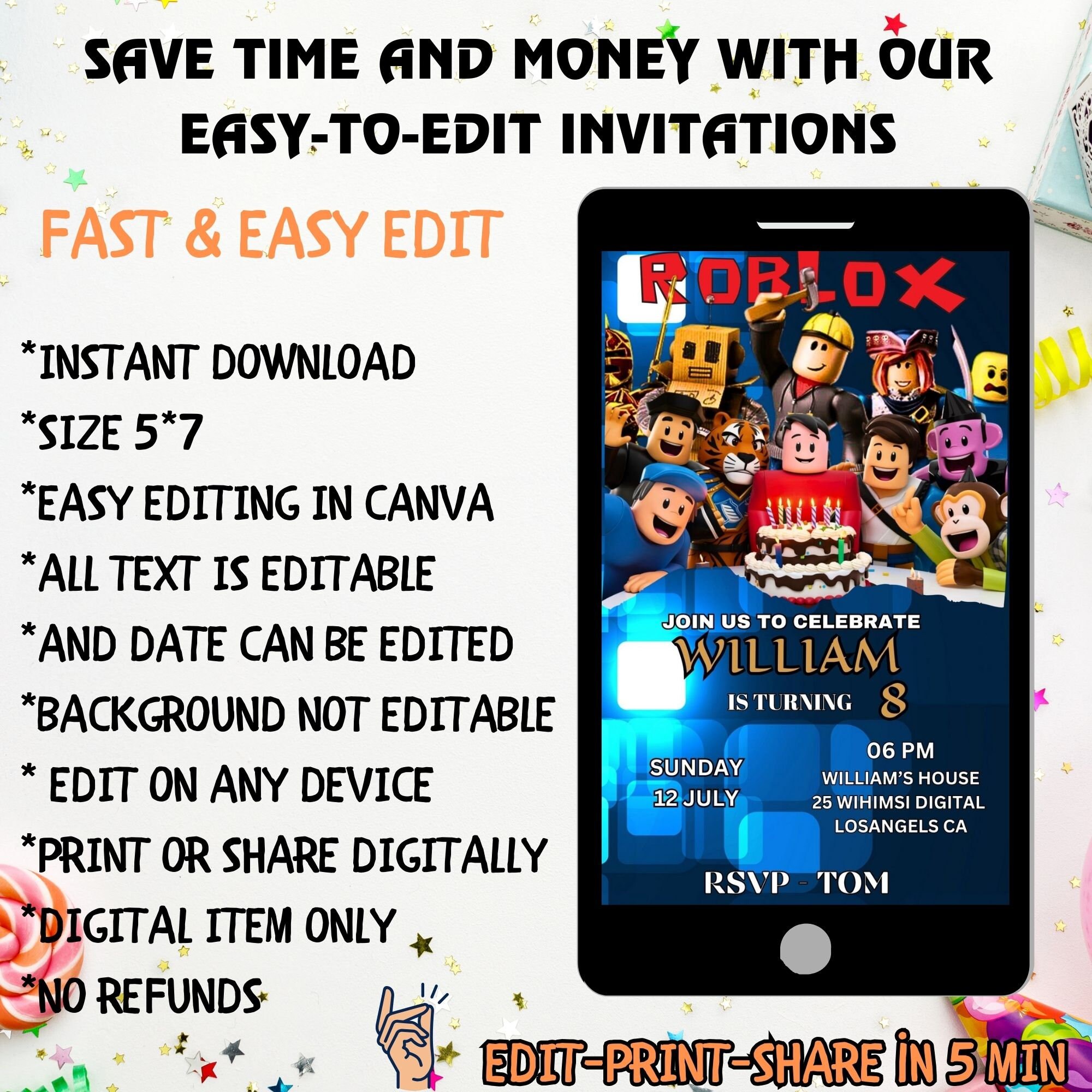 Roblox Party Invitation, Roblox Invite, Editable Gaming Invite, Roblox ...