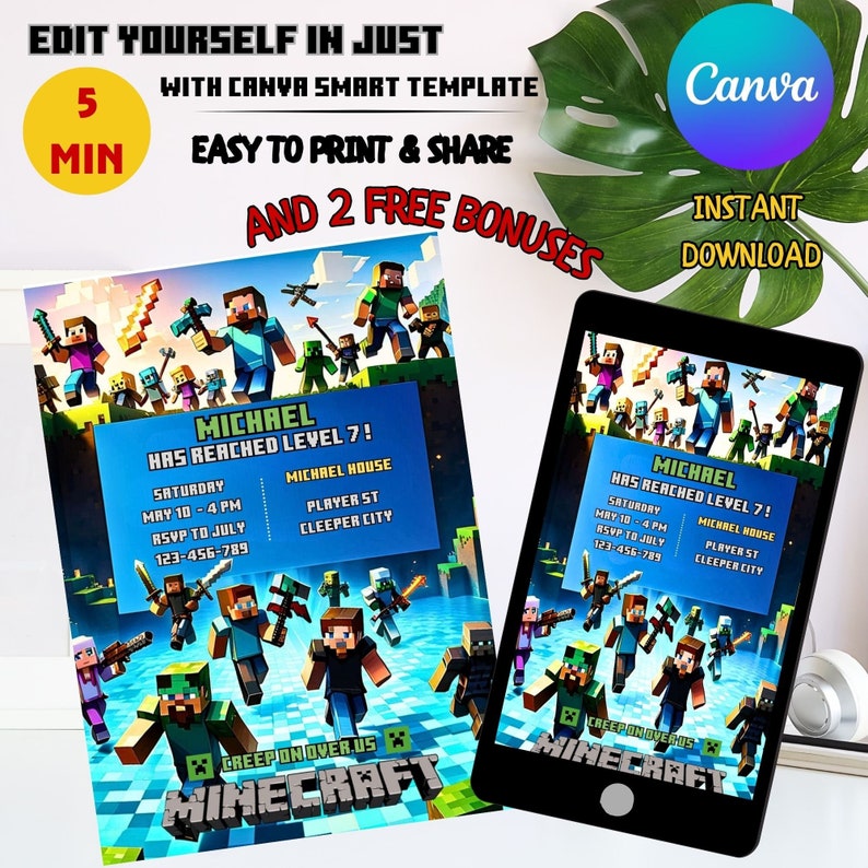 Minecraft Birthday Invitation, Editable Minecrafter Invitation, Mine ...